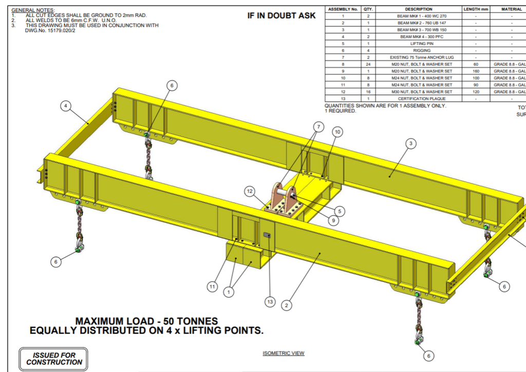50 Tonne Tray Lifting Beam - Drawings | TEAM Group (Aust)